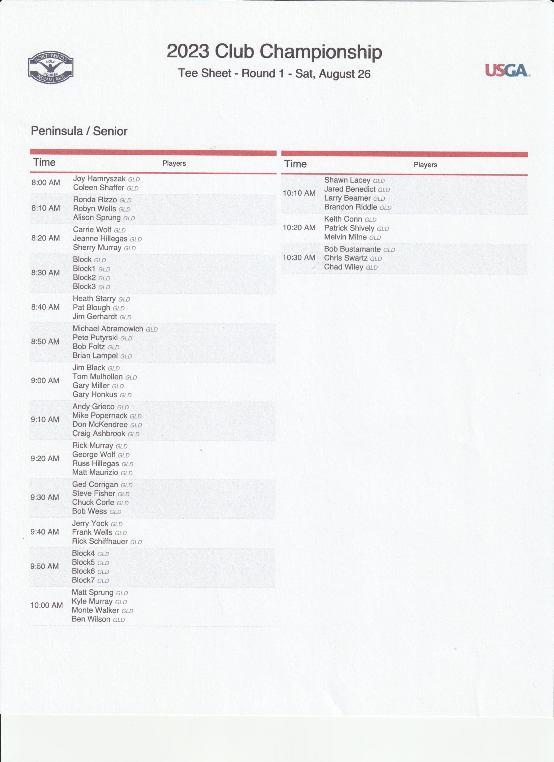Starting Times for the Club Championship Saturday at Northwinds ...